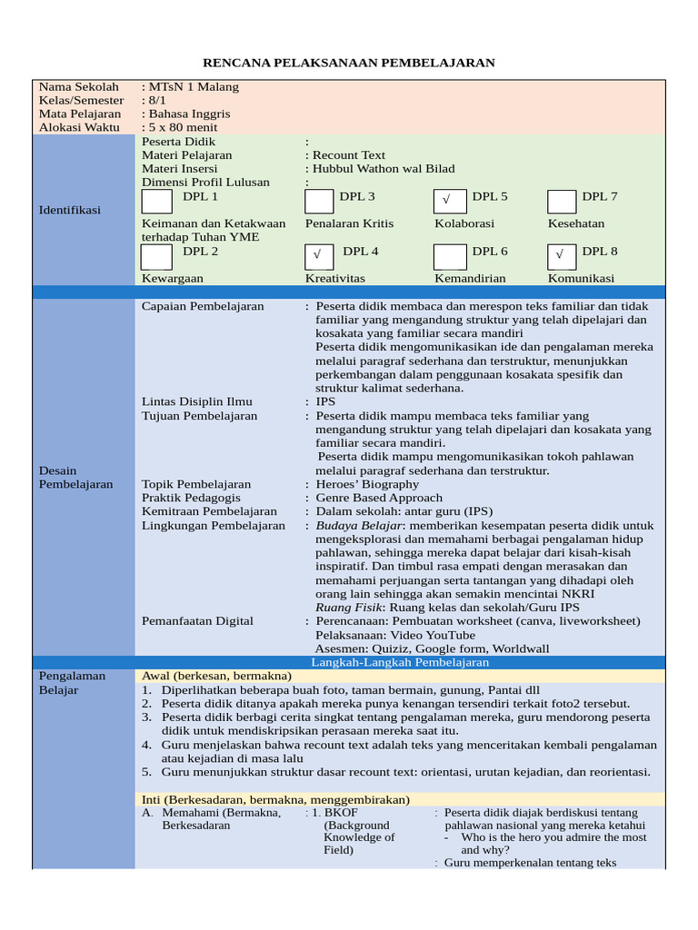 RPP Bahasa Inggris: Recount Text Kelas 8 | PDF