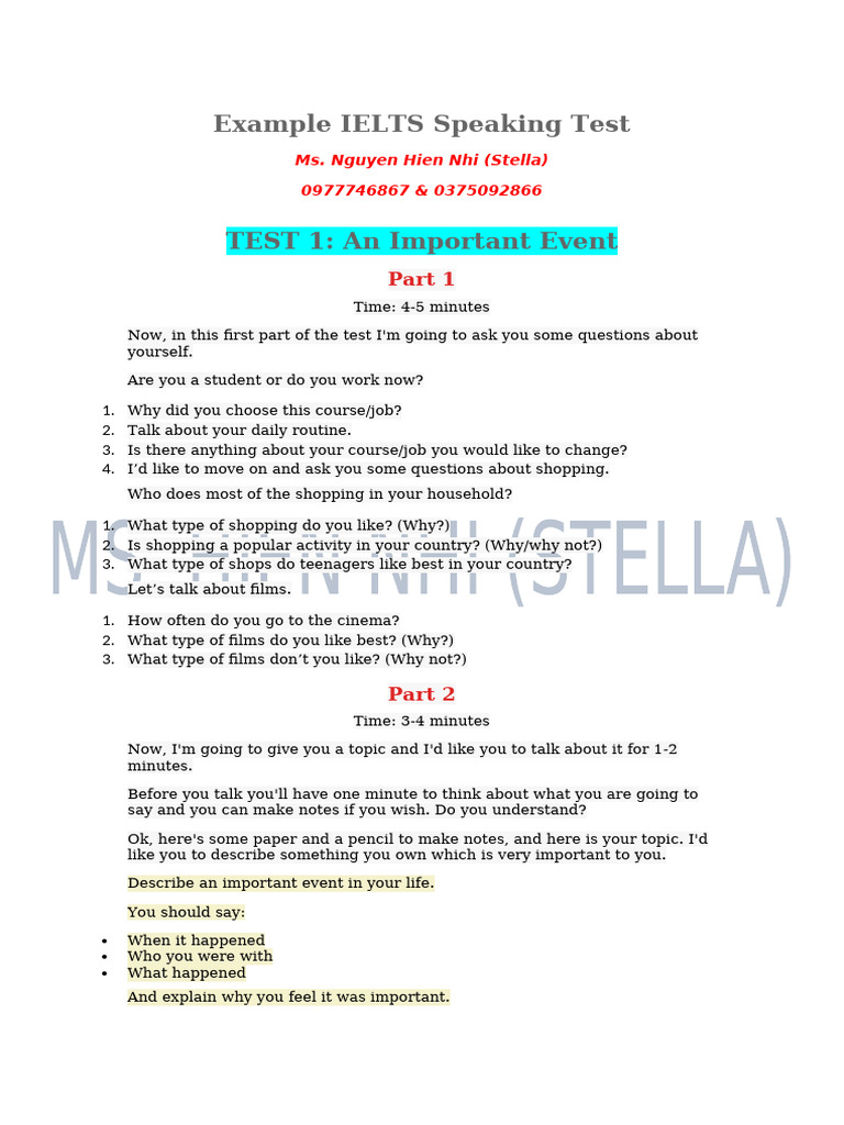 IELTS Speaking Test Sample Questions | PDF | Homework | International ...