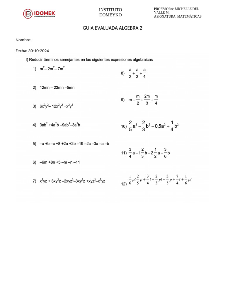 Guia Evaluada Algebra 2 - 2 Nivel | PDF