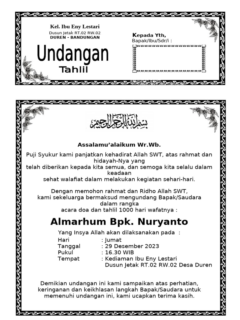 Undangan 1000 Hari Bapak Nuryanto | PDF