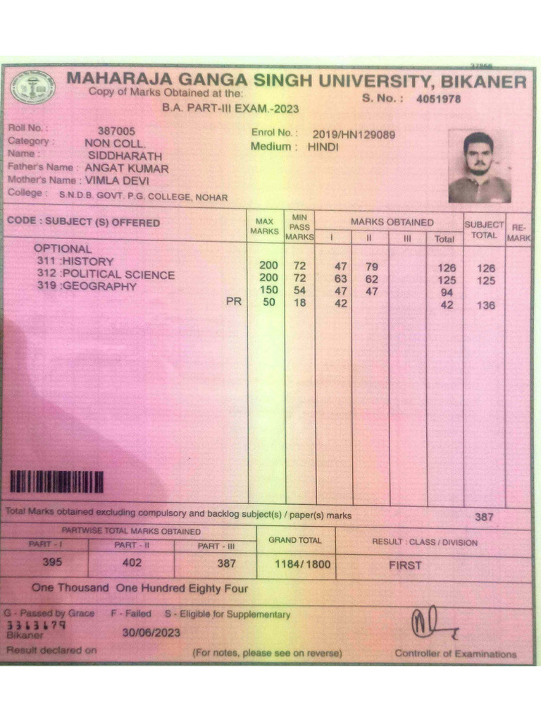 Ba Final Marksheet | PDF