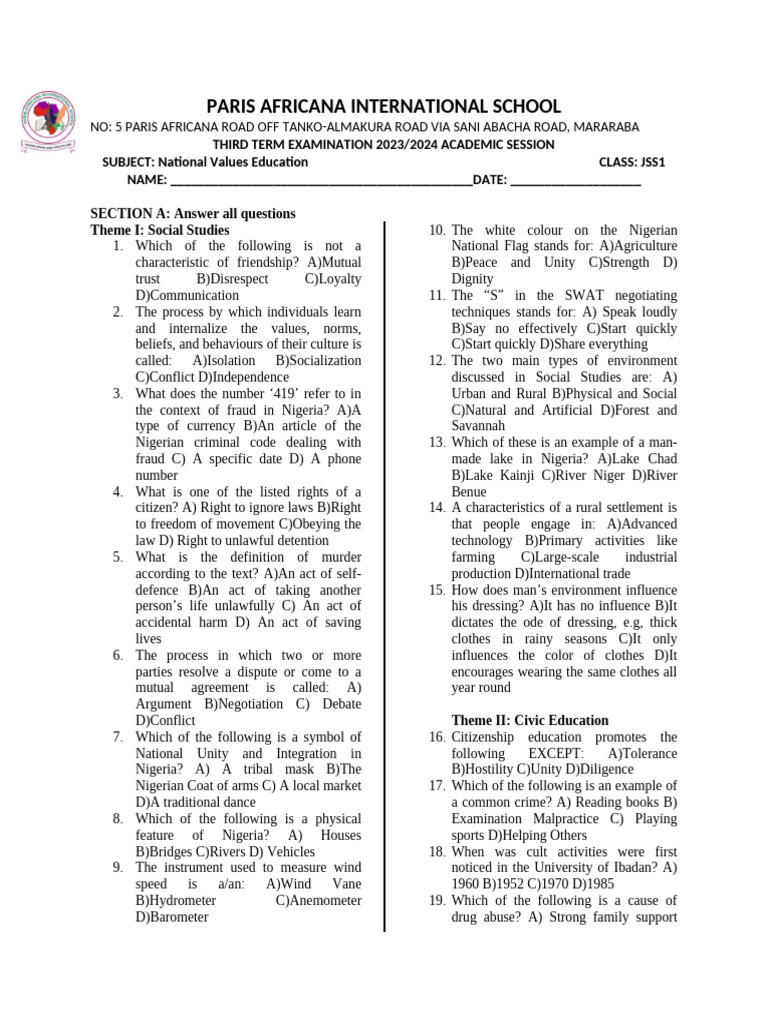 JSS1 National Values Exam 2023/2024 | PDF | Nigeria | Rule Of Law