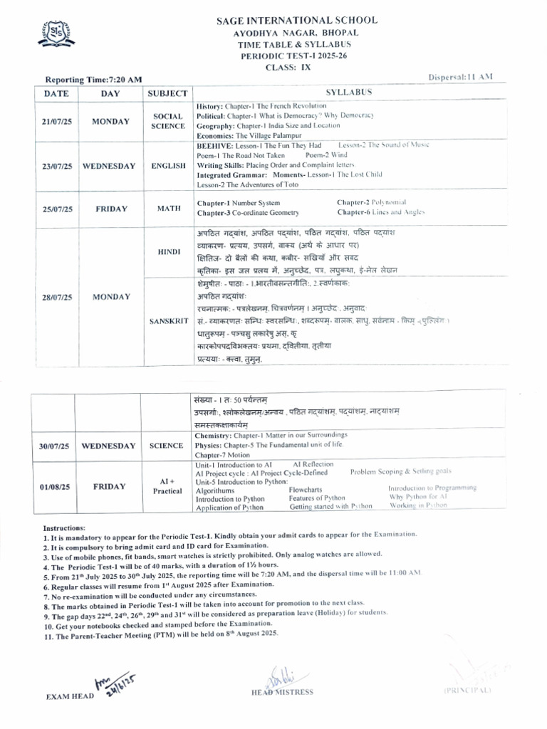 Syllabus of PT-1 Class IX | PDF