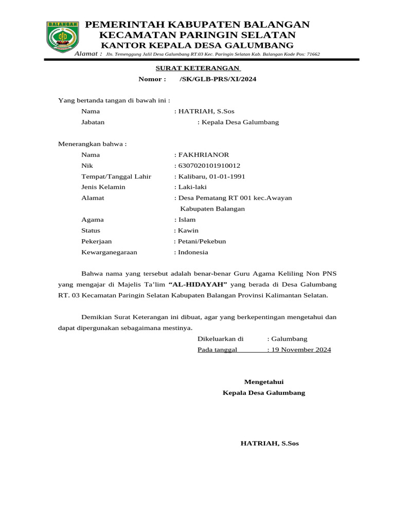 Surat Keterangan Guru Agama Galumbang | PDF