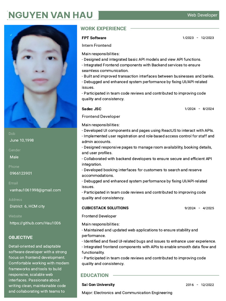 Frontend Developer Profile: Nguyen Van Hau | PDF | Software Development ...