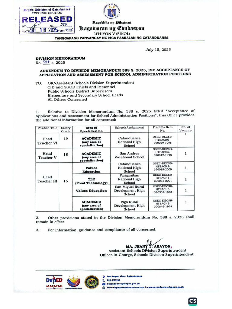 DM No. 597 S. 2025 Addendum To Division Memo 588 s.2025 Re Acceptance of Application Assessment ...