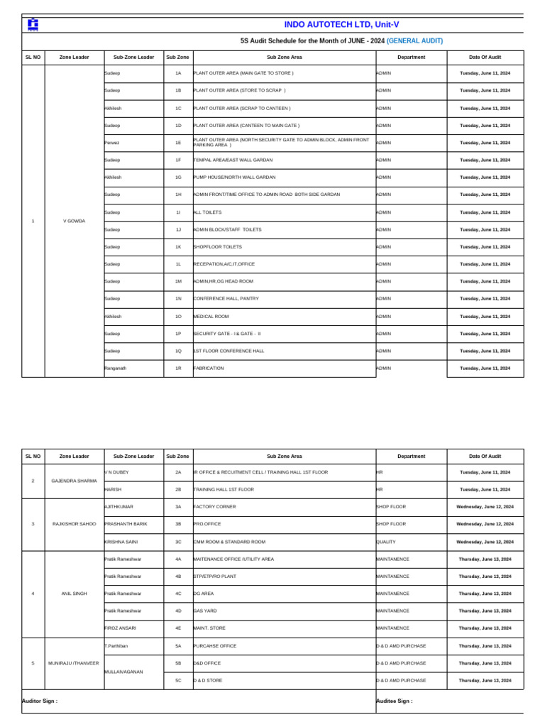 June 2024 5S Audit Schedule | PDF