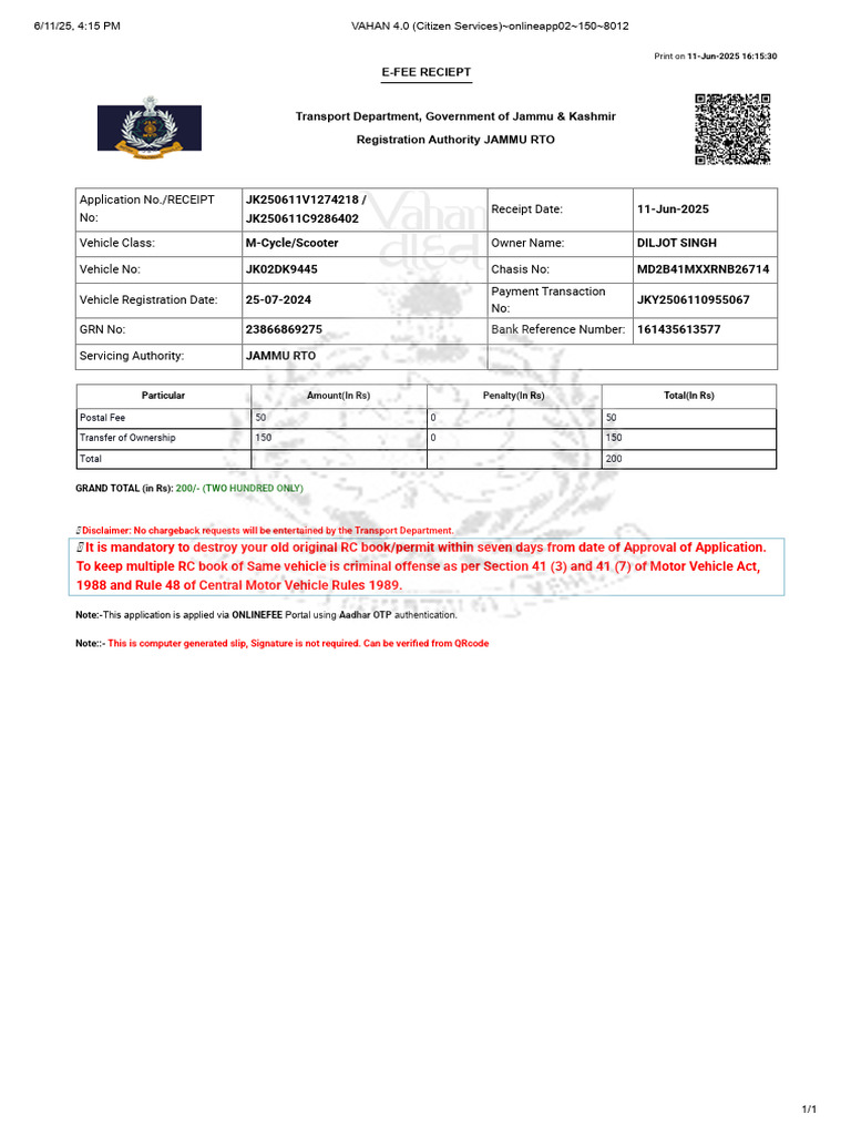 Vahan 4.0 E-Fee Receipt for Vehicle | PDF | Receipt