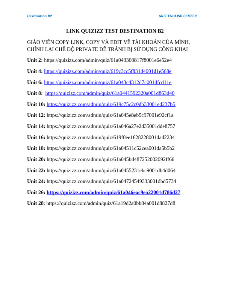 Link Quizizz Test Destination b2 | PDF