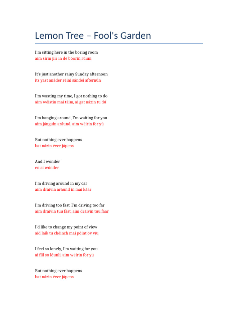 Lemon Tree Lyrics and Pronunciation | PDF