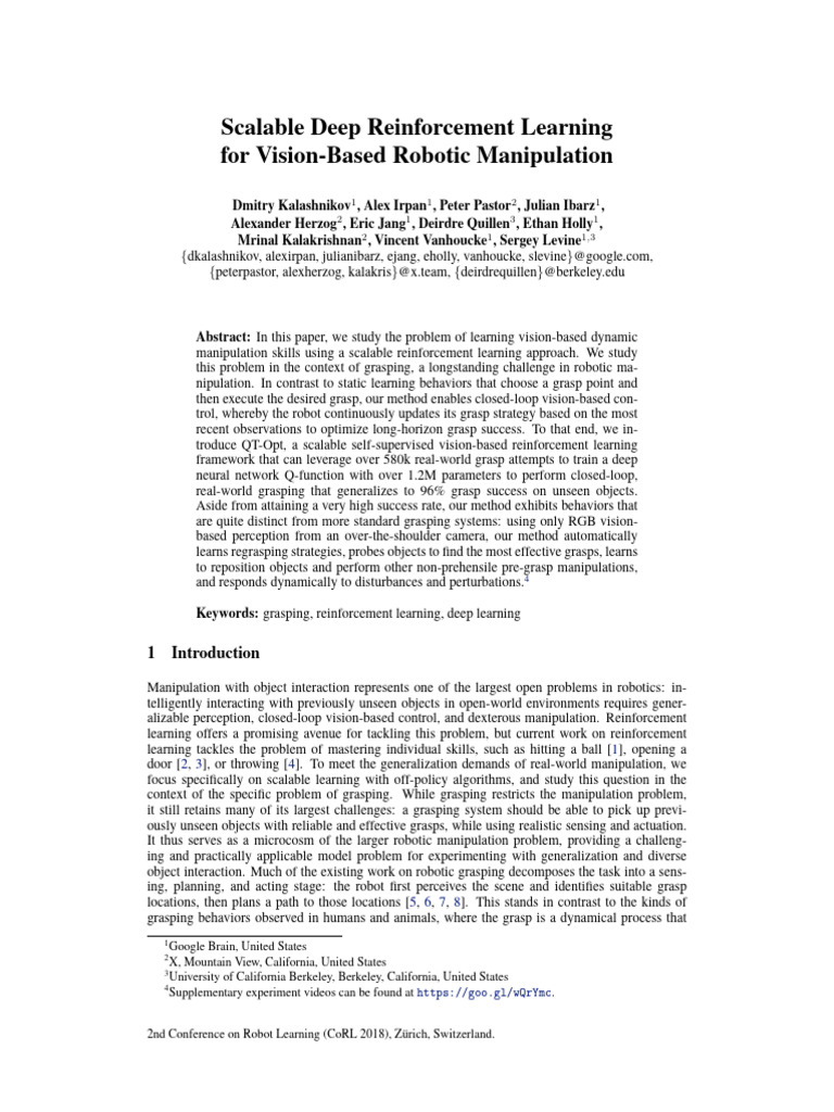 QT-Opt - Scalable Deep Reinforcement Learning For Vision-Based Robotic Manipulationa | PDF ...