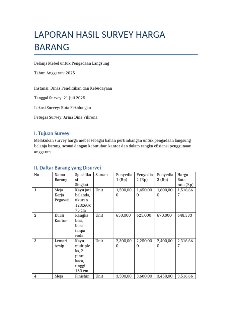 Laporan Survey Harga Barang Mebel | PDF