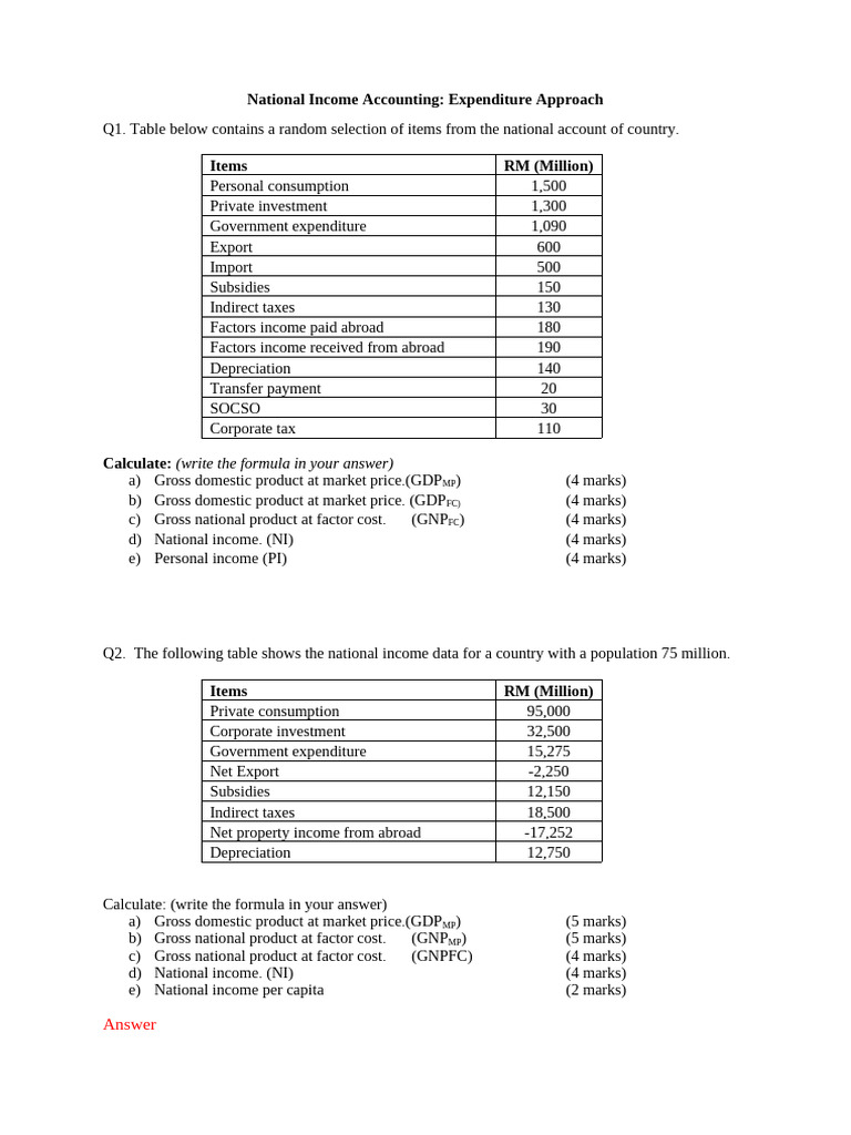 National Income Accounting Calculations | PDF | Measures Of National ...