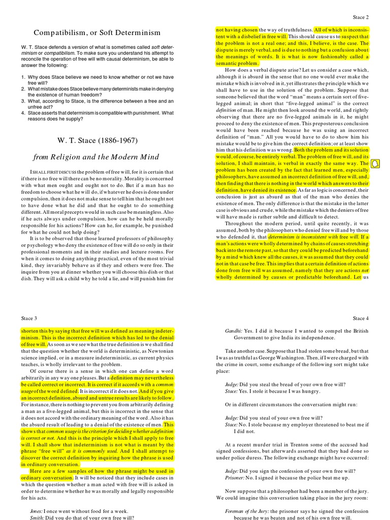 W. T. Stace Compatibilism or Soft Determinism | PDF | Free Will ...