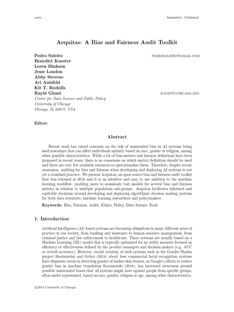 Aequitas - A Bias and Fairness Audit Toolkit - Saleiro 2019 - 1811. ...