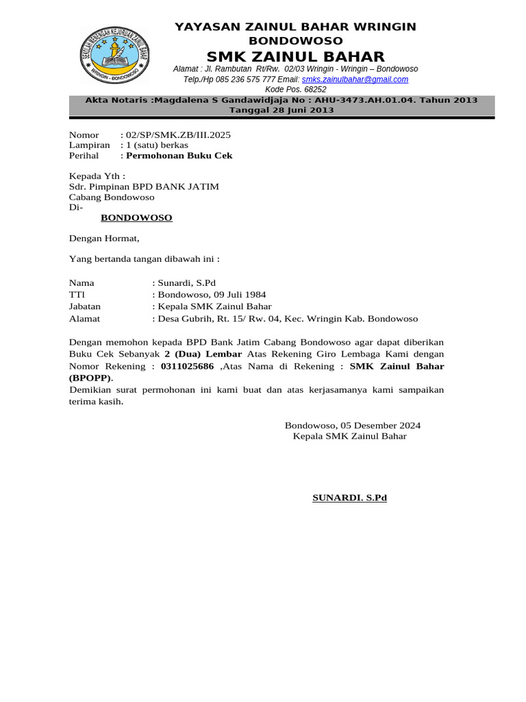 Contoh SURAT PERMOHONAN REK GIRO BOS 2022 | PDF