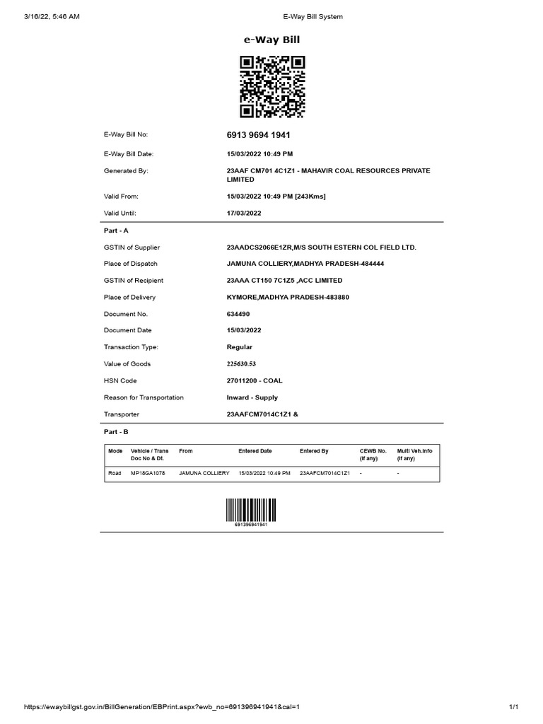 E-Way Bill: Mode Vehicle / Trans Doc No & Dt. From Entered Date Entered by Cewb No. (If Any ...