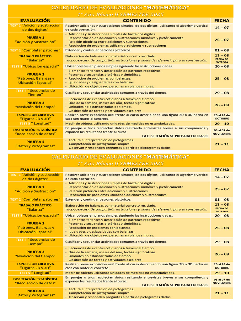 Calendario Eval. 1° Ii Sem 2025 | PDF