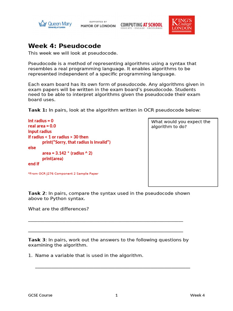 Gcse Session 4 Class Activity 1 | PDF | Algorithms | Programming Language