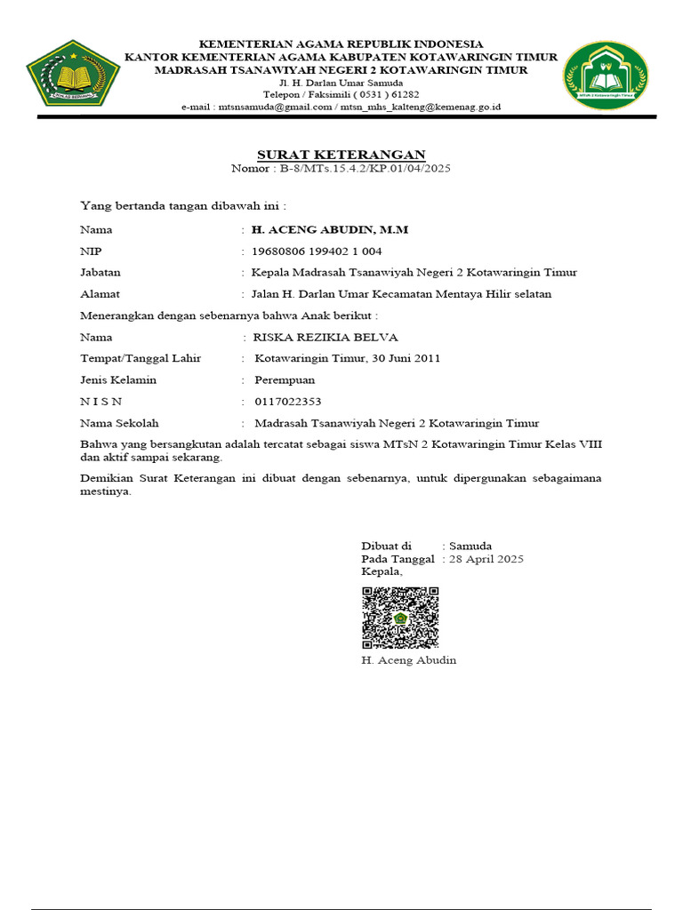 Surat Keterangan Aktif Belajar An. Riska Rezikia Belva | PDF