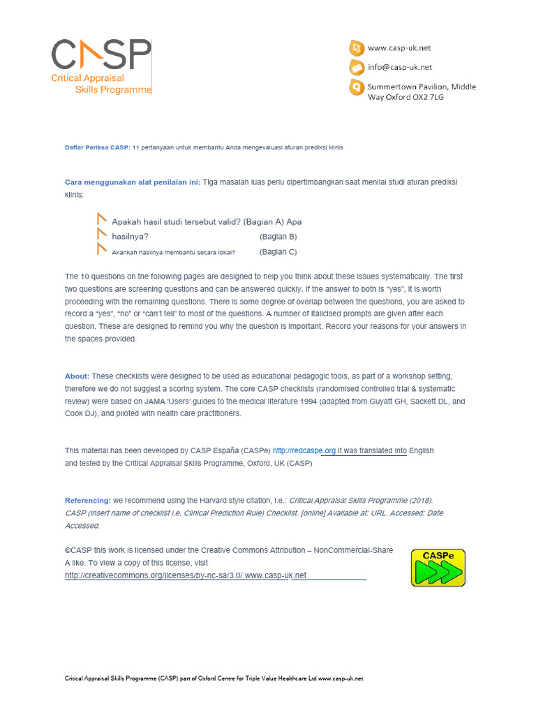 CASP Clinical Prediction Rule Checklist 2018 Fillable Form - En.id | PDF | Sensitivity And ...
