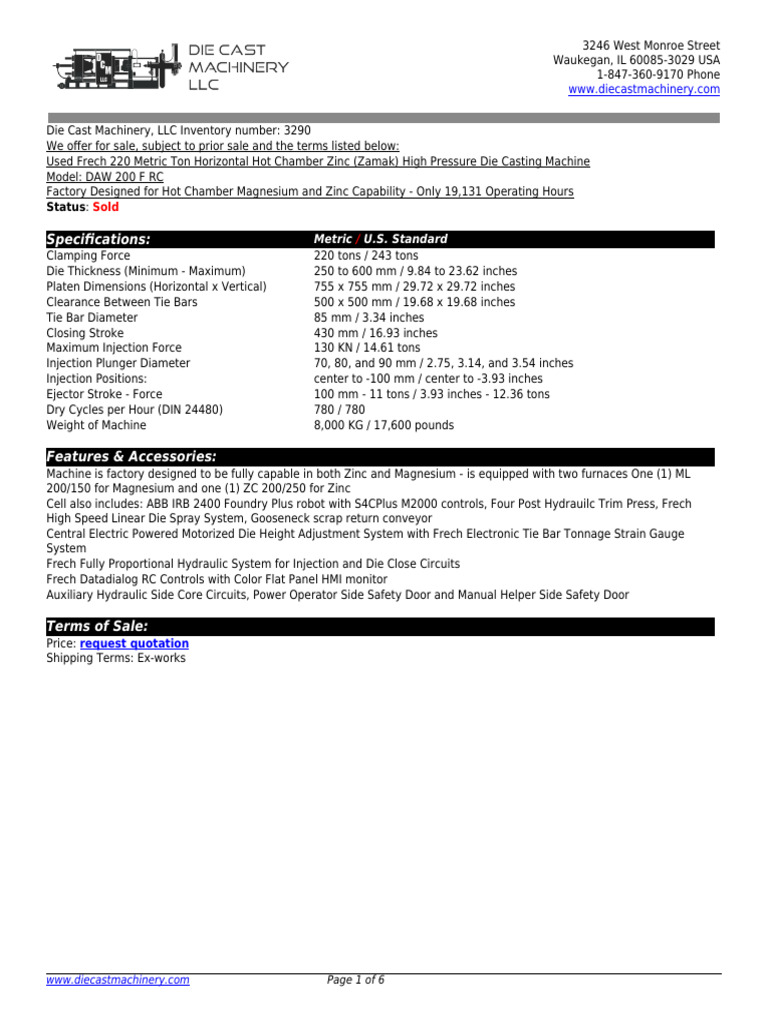 Frech 220 Hot Chamber Die Casting Machine DCM 3290 | PDF
