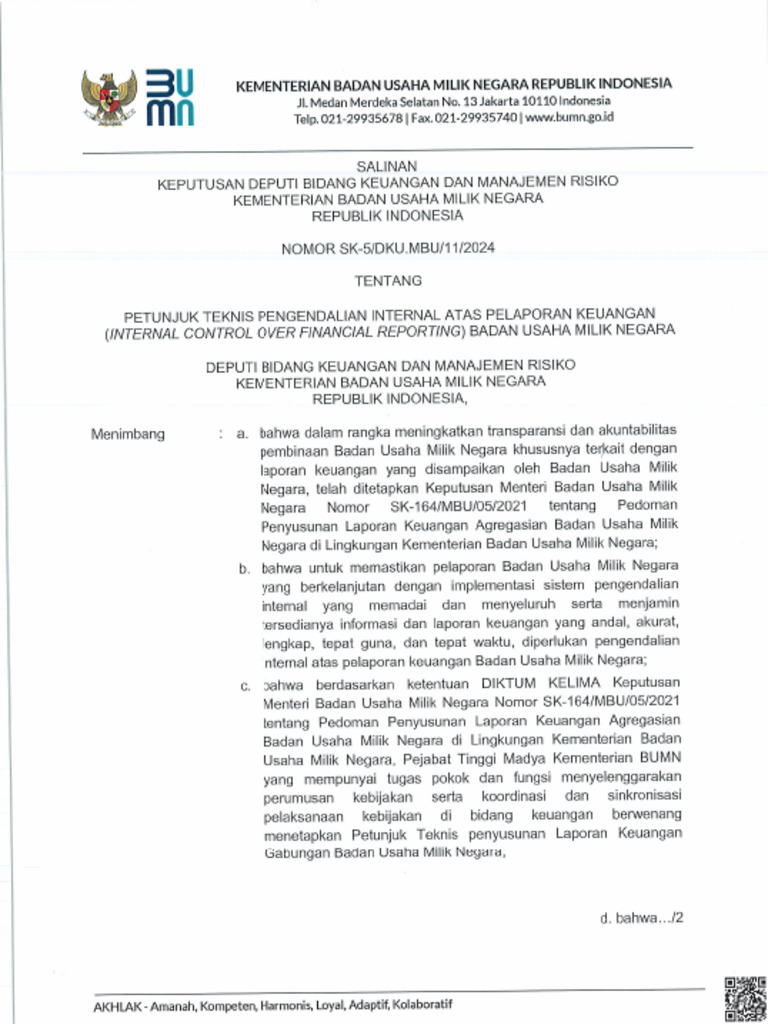 SK 5 DKU - Mbu 11 2024 Tentang Petunjuk Teknis Pengendalian Internal Atas Pelaporan Keuangan ( | PDF