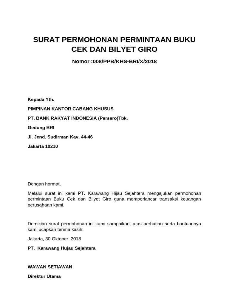 Permohonan Buku Cek dan Bilyet Giro | PDF