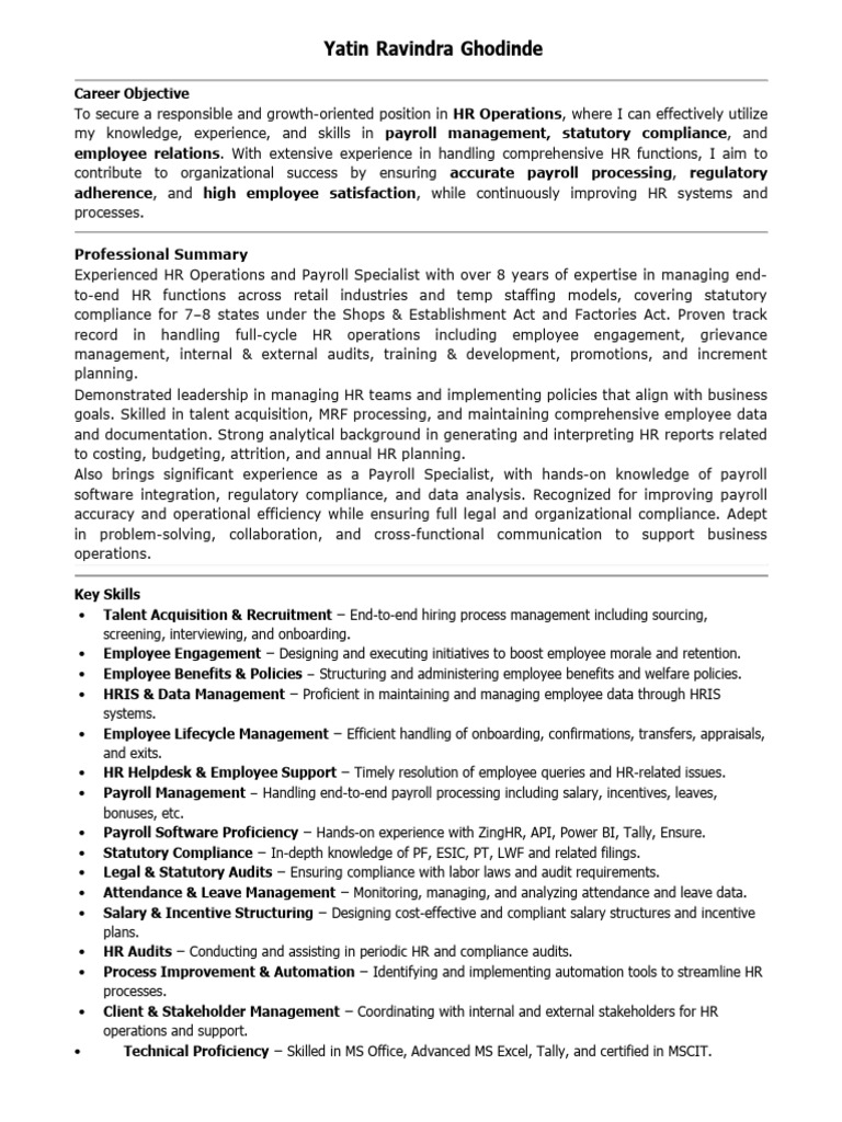 Yatin Resume Updated On 30.06.2025 | PDF | Human Resources | Payroll