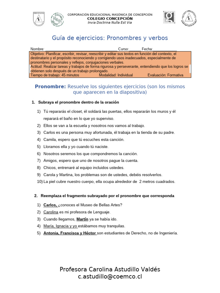 2.2 Guía de Ejercicios - Pronombres y Verbos | PDF | Verbo | Pronombre