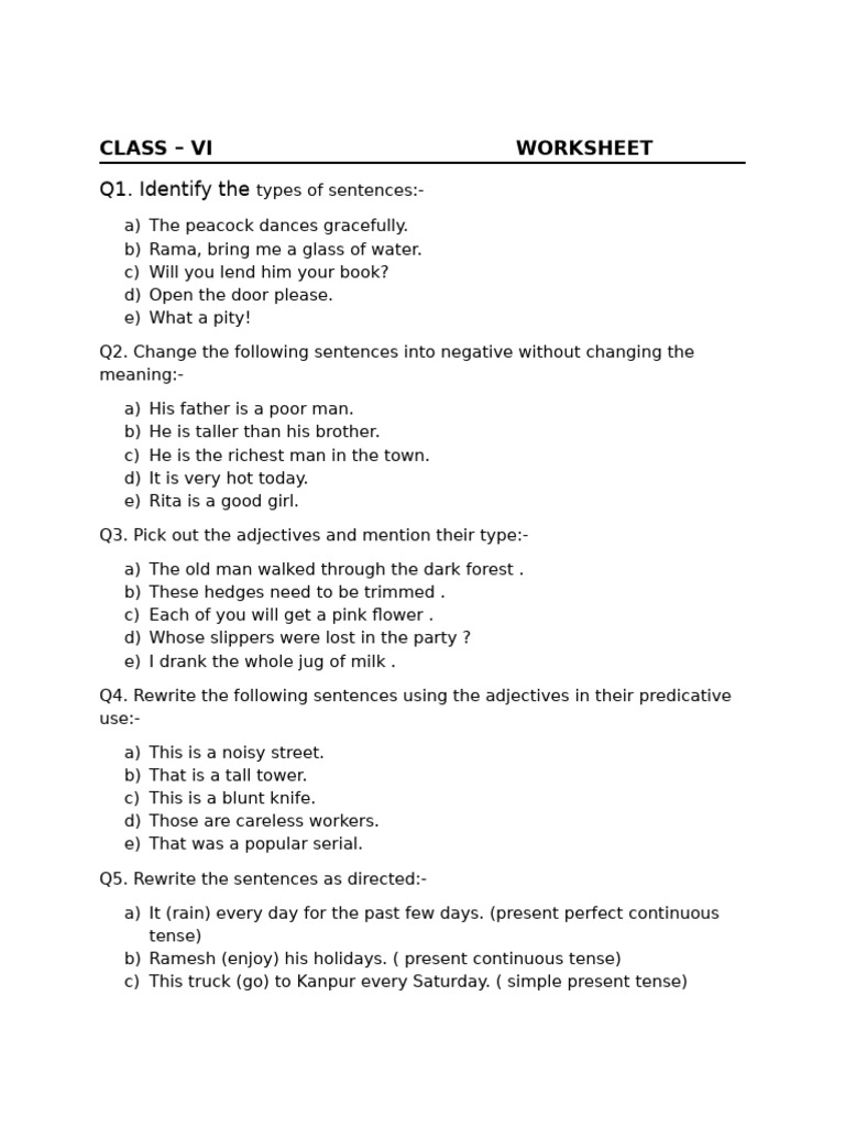 Class VI Sentence Structure Worksheet | PDF