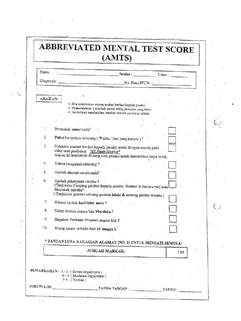 Malay Abbreviated Mental Test Score AMTS | PDF