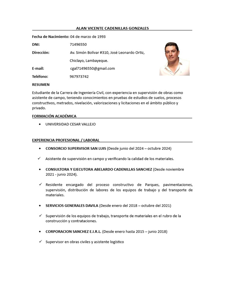 CV Alan Vicente Cadenillas Gonzales | PDF | Ingeniería