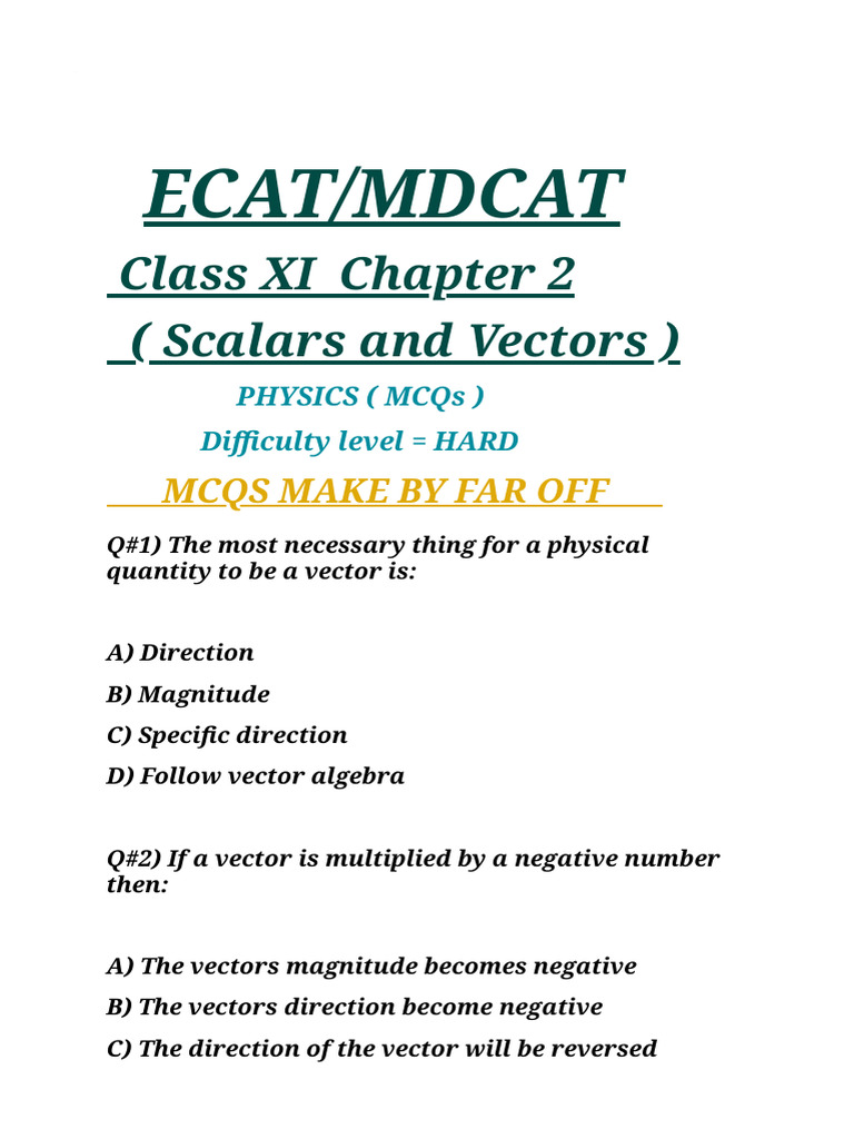 Physics Chapter #02 Mcqs by FAR OFF | PDF | Euclidean Vector | Velocity