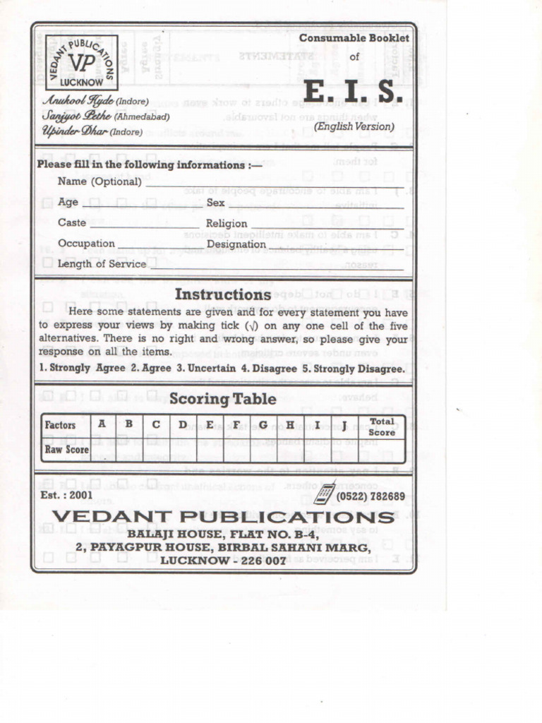 Emotional Intelligence Scale by Dhar | PDF