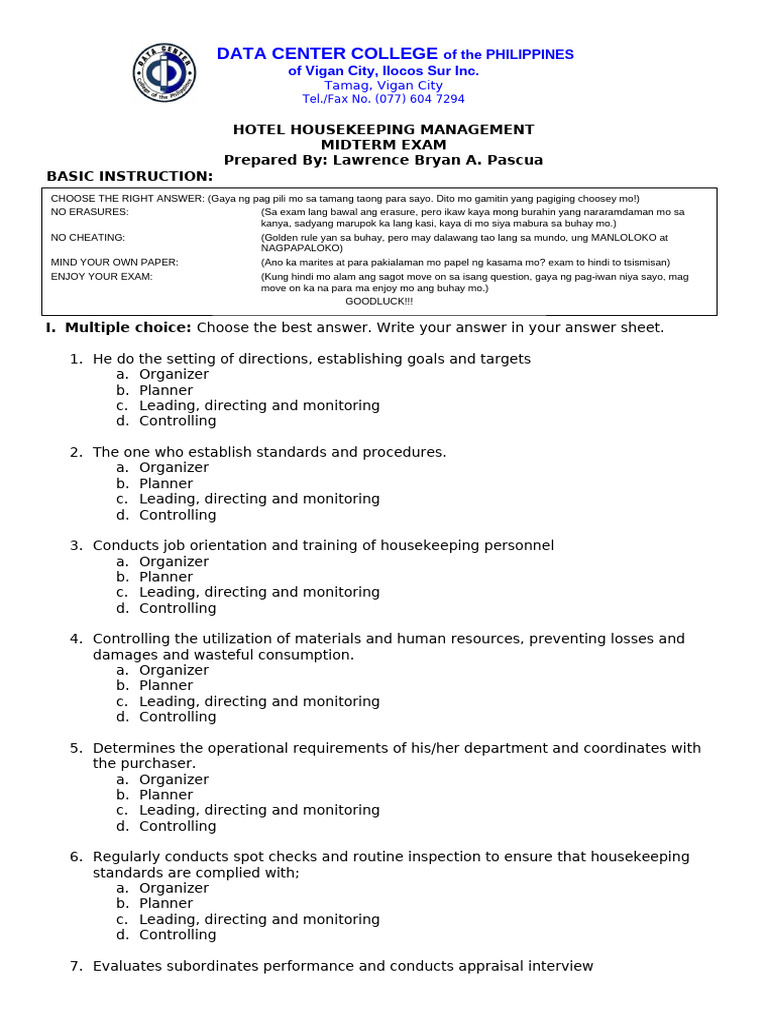 HOTEL HOUSEKEEPING MANAGEMENT Midterm | PDF
