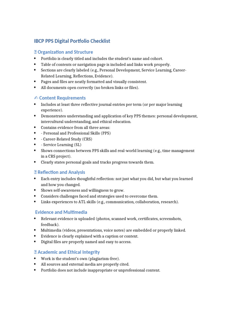 IBCP PPS Digital Portfolio Checklist | PDF