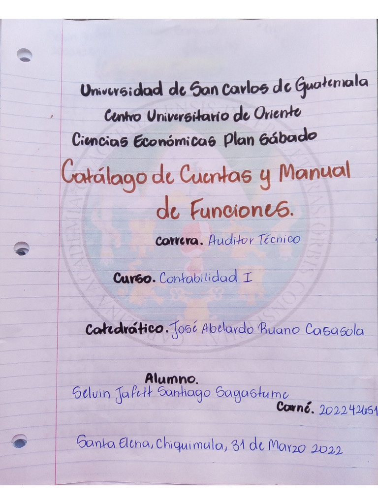 Catálogo de Cuentas y Manual de Funciones. Contá I. Selvin Jafett ...