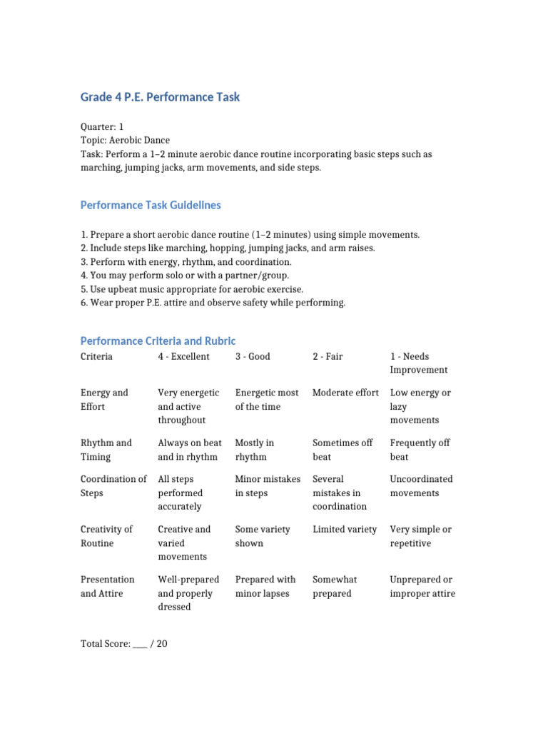 Grade 4 PE Performance Task Aerobic Dance | PDF