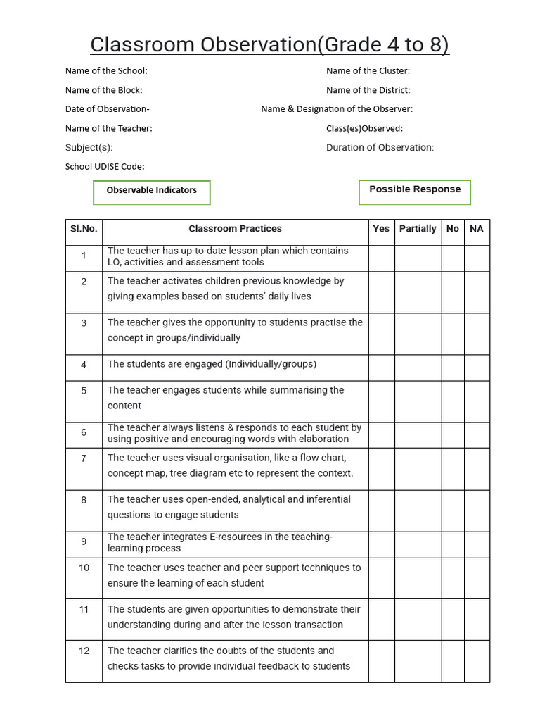 Classroom Observation (Other Grade) | PDF | Teachers | Learning