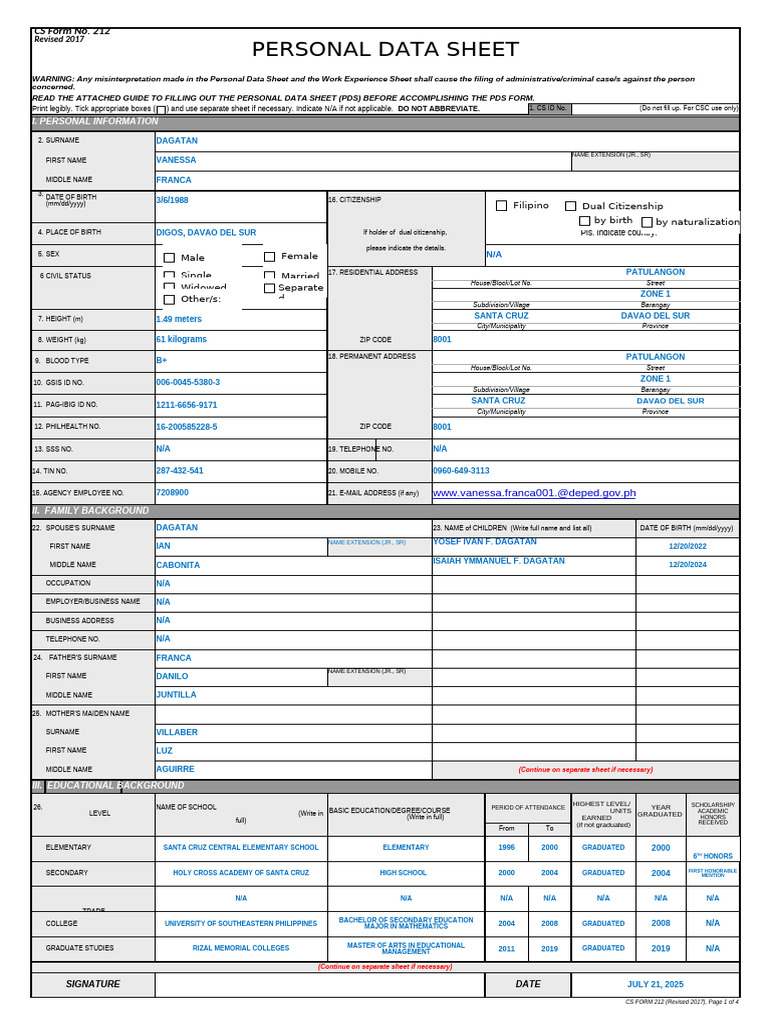 CS Form No. 212 Revised Personal Data Sheet 2 New Vanessa For PROMOTION ...