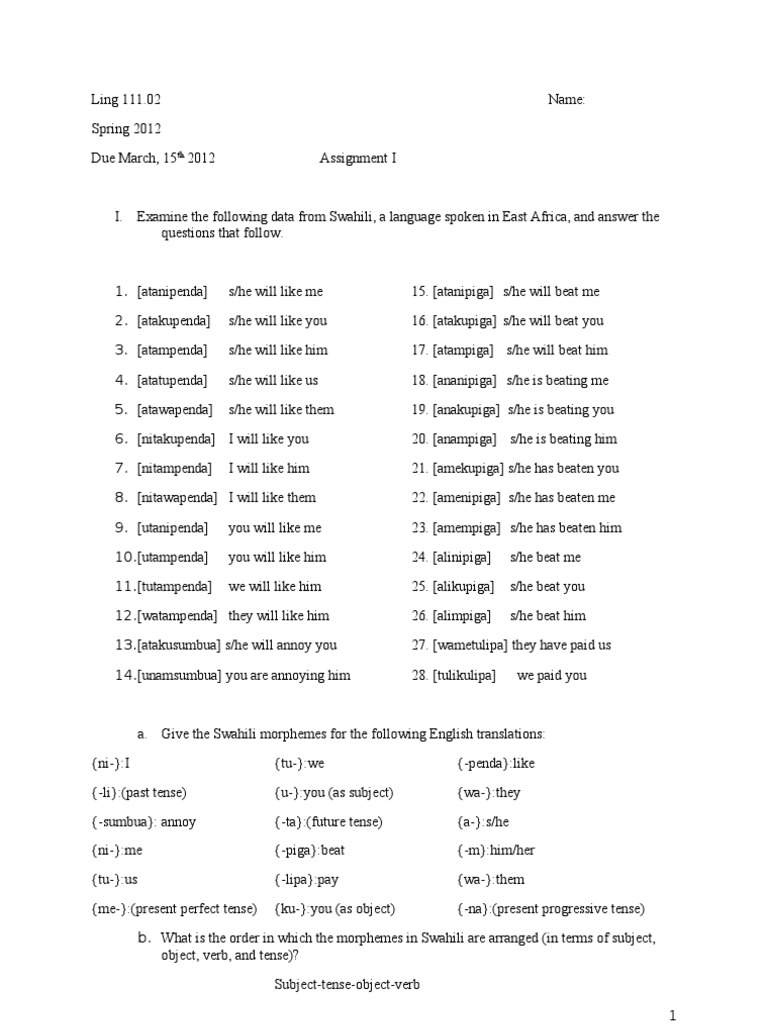 Ling 111.02 Assignment Spring 2012 Morphology and Syntax SAMPLE | PDF ...