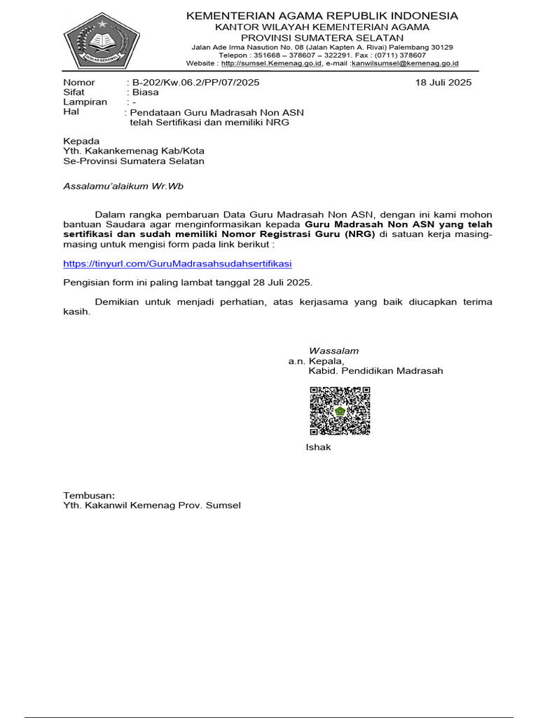 Surat Pendataan Guru Madrasah Non ASN Telah Sertifikasi Dan Memiliki NRG | PDF
