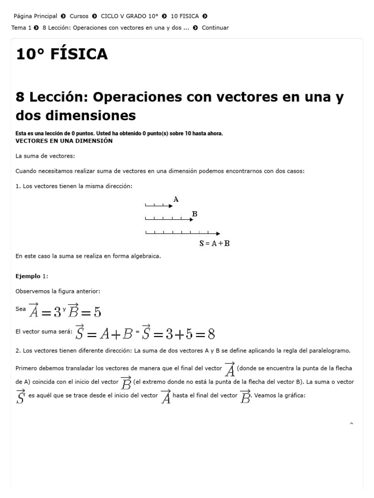 10 FISICA - 8 Lección - Operaciones Con Vectores en Una y Dos Dimensiones - Continuar | PDF ...