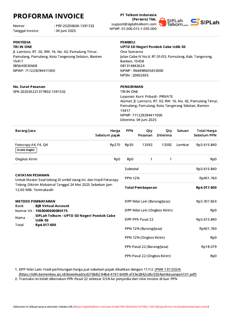 PROFORMA INVOICE INV-202505221377802-1391332 - SIPLah Telkom | PDF