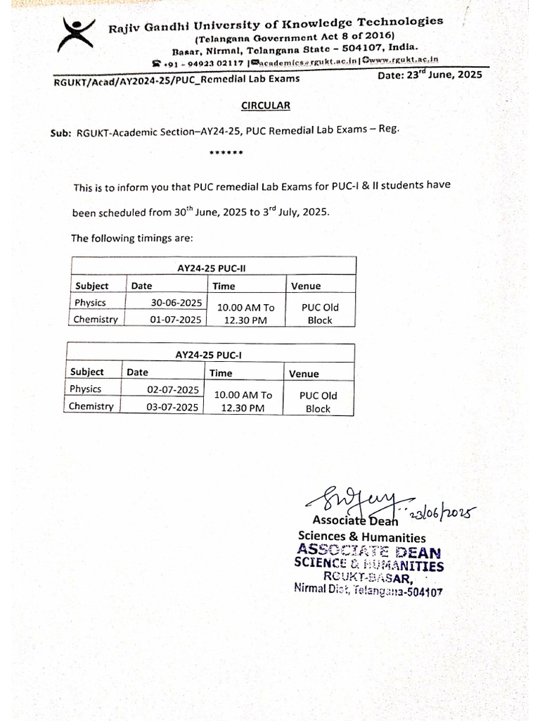 AY24-25 PUC Cirrcular For Remedial Lab Exams | PDF
