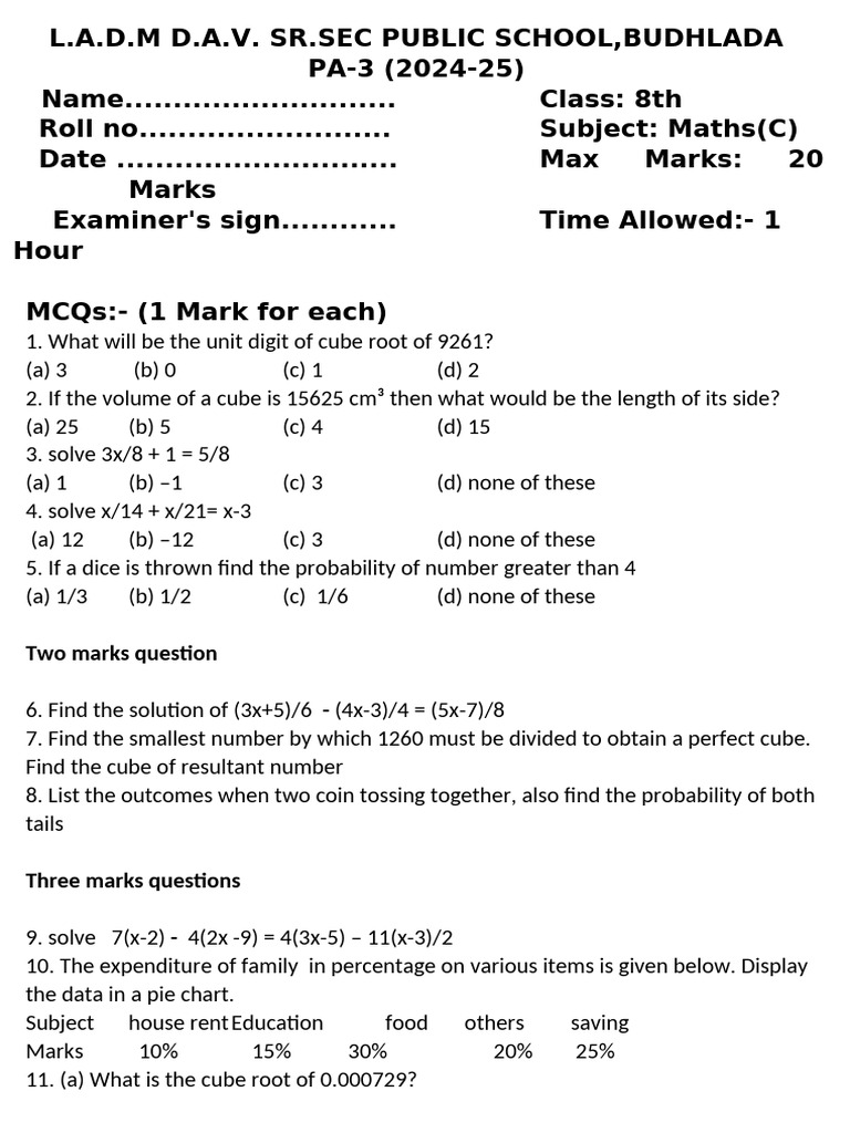Class 8 Maths Exam Paper 2024-25 | PDF