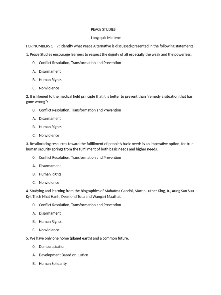 Peace Studies Long Quiz Midterm | PDF | Prayer | Peace