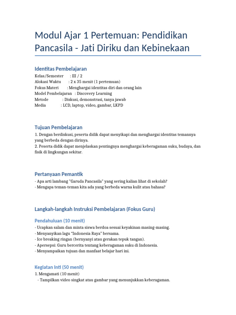 Modul Ajar PPKN 1 Pertemuan | PDF