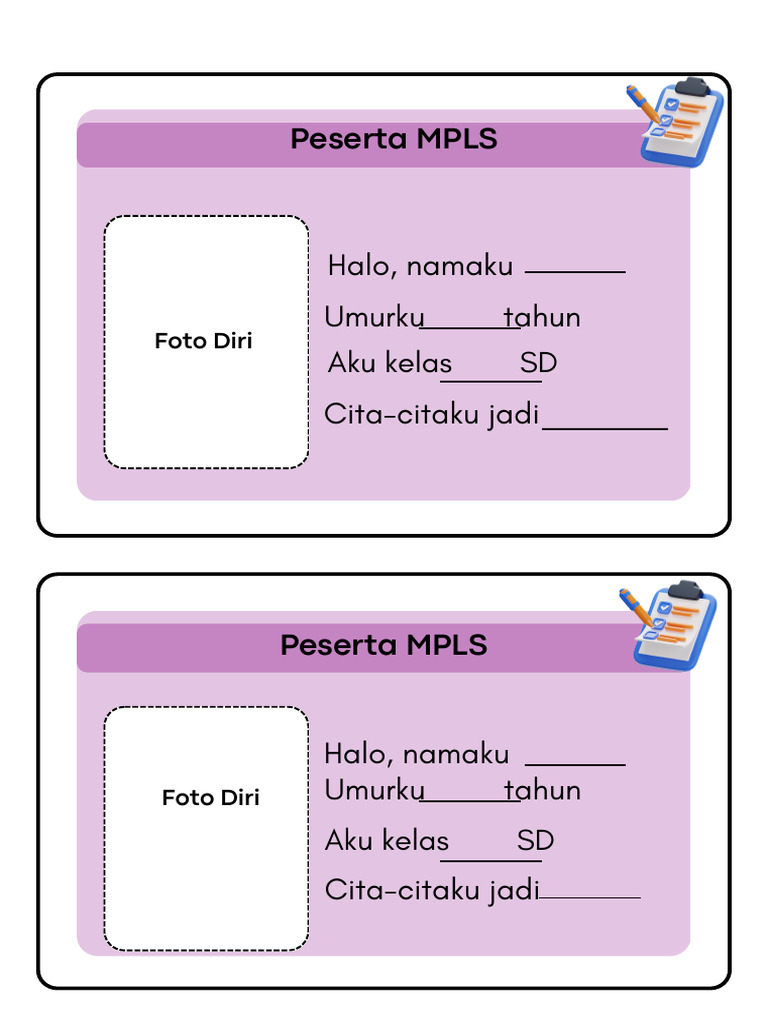 Contoh ID Card Peserta MPLS SD | PDF